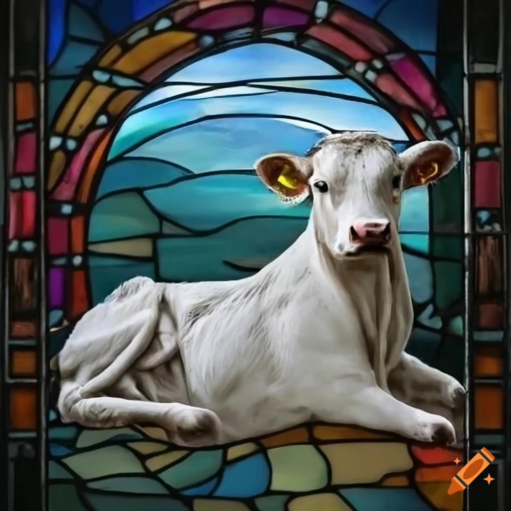 White calf lying beside Zeus by a river in a stained glass scenery on ...