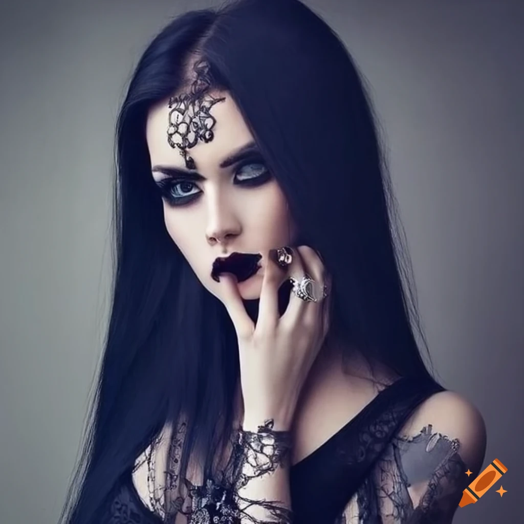 Gothic fashion model with long dark hair and fangs on Craiyon