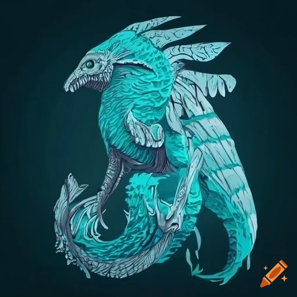 Mythical aquatic creature sculpted from wood in a stylized artwork on ...