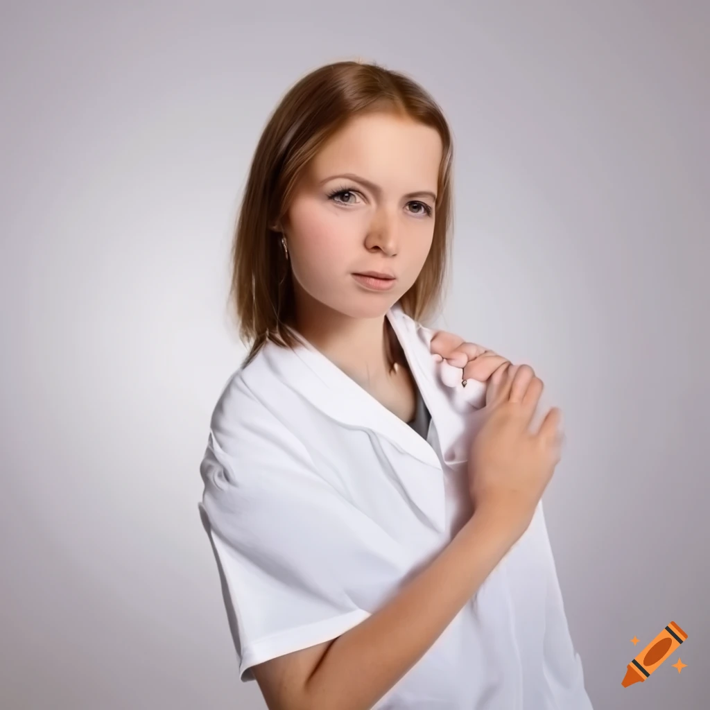Portrait of a young female nurse in white work clothes on Craiyon