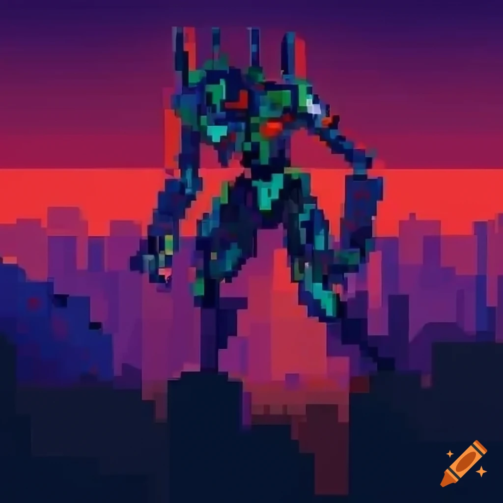Evangelion robot fighting in tokyo-3 in pixel art style on Craiyon