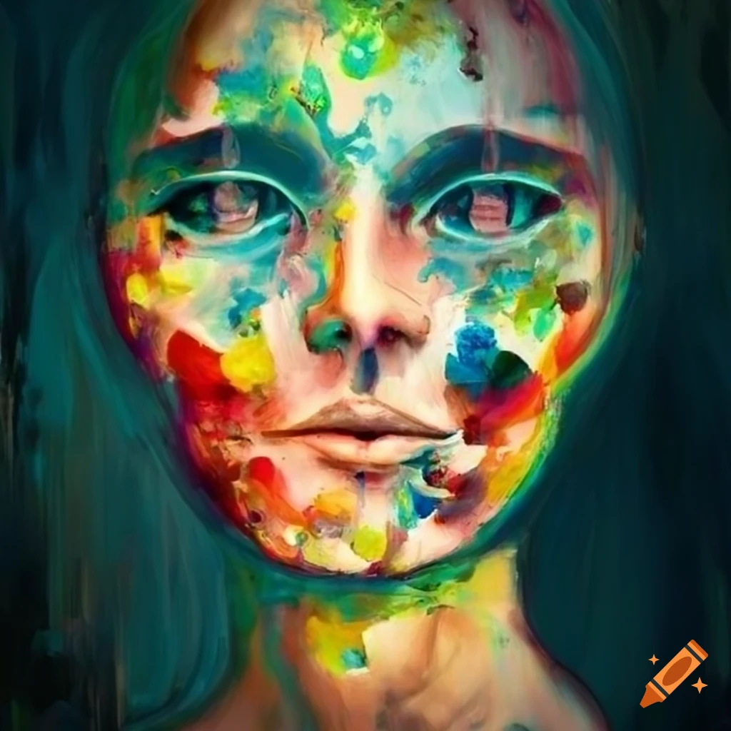 Abstract surreal human face with mirrored halves in a painting on Craiyon