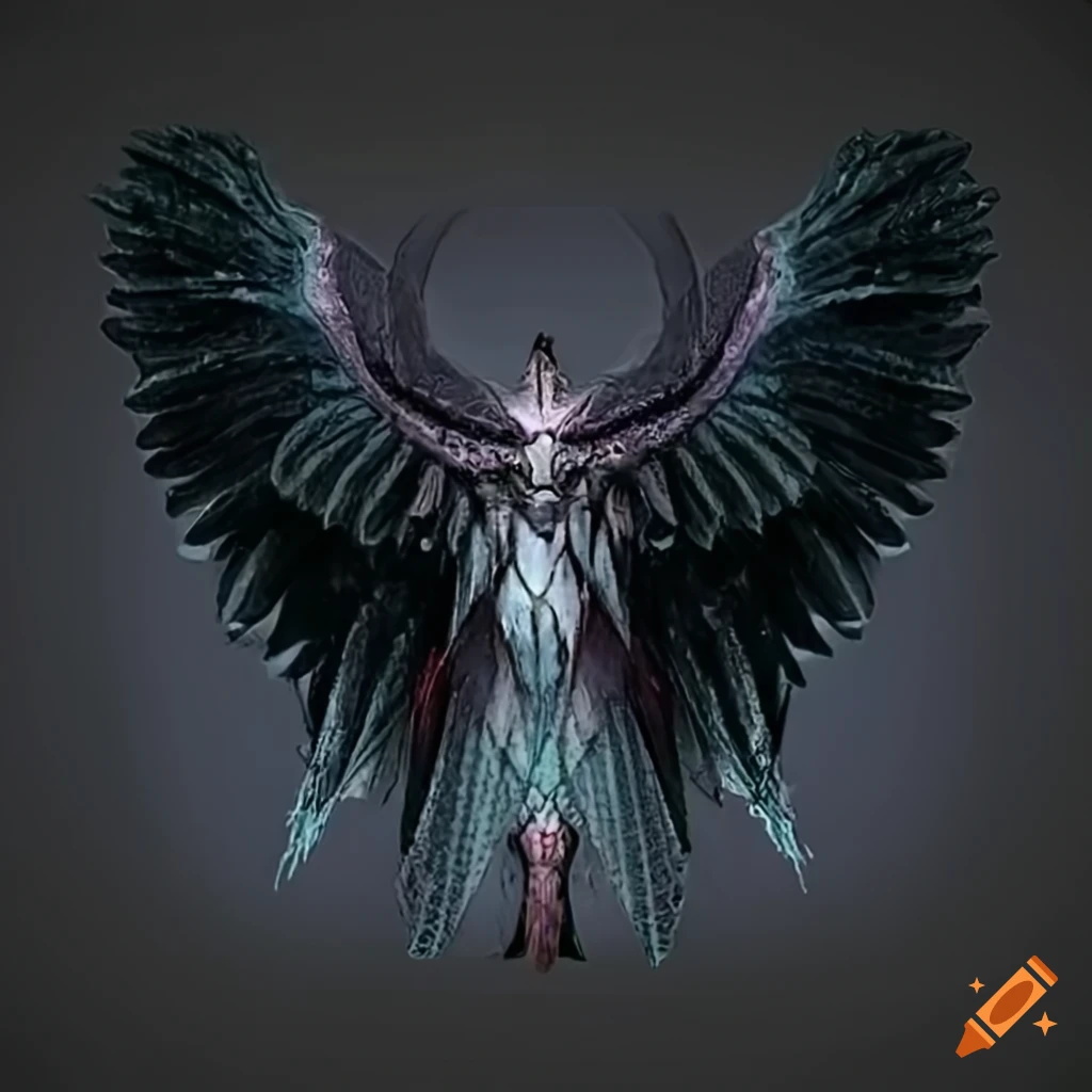 Geometric depiction of a horrifying and scary angel with eyes, rings ...