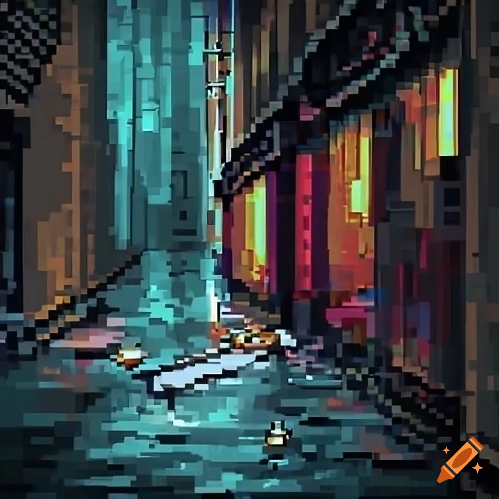 Pixel art closeup of a lonely cardboard box in a rainy alley on Craiyon