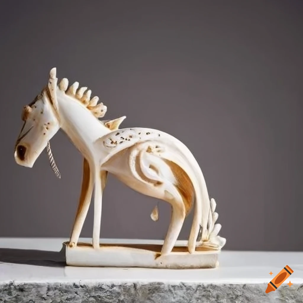 Small horse carved from fish bone on white stone plinth on Craiyon