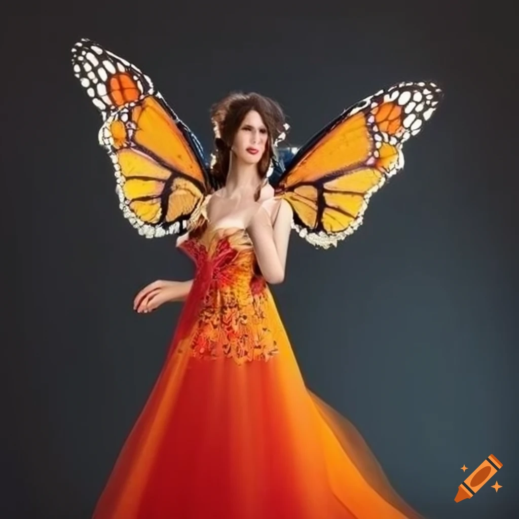 Long beautiful monarch butterfly-themed dress with wings on Craiyon