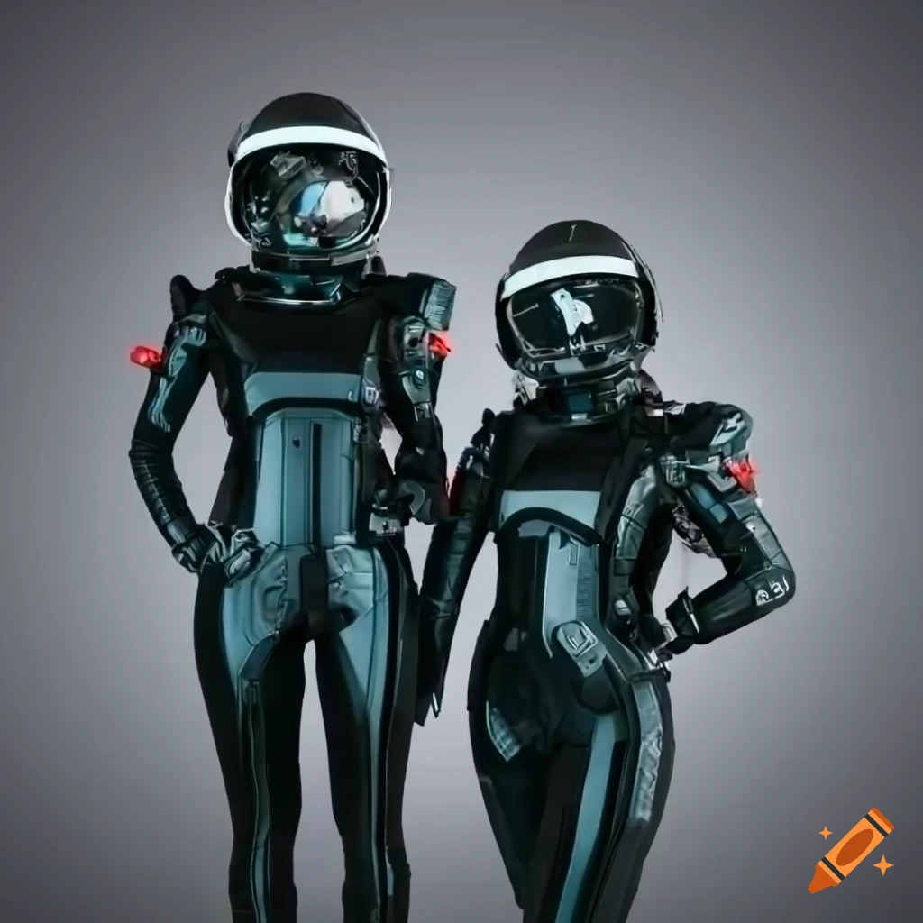 Two female astronauts in futuristic spacesuits in a sci-fi setting on Craiyon