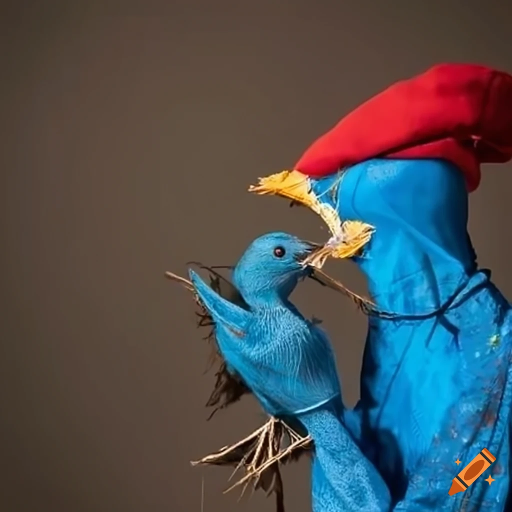 Orange bird scaring blue scarecrow with a red pirate hat on Craiyon
