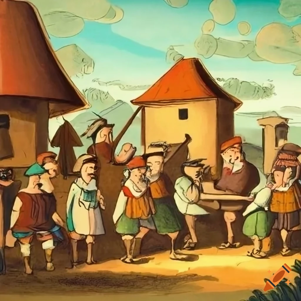 Cartoon large group of 17th century villagers on Craiyon