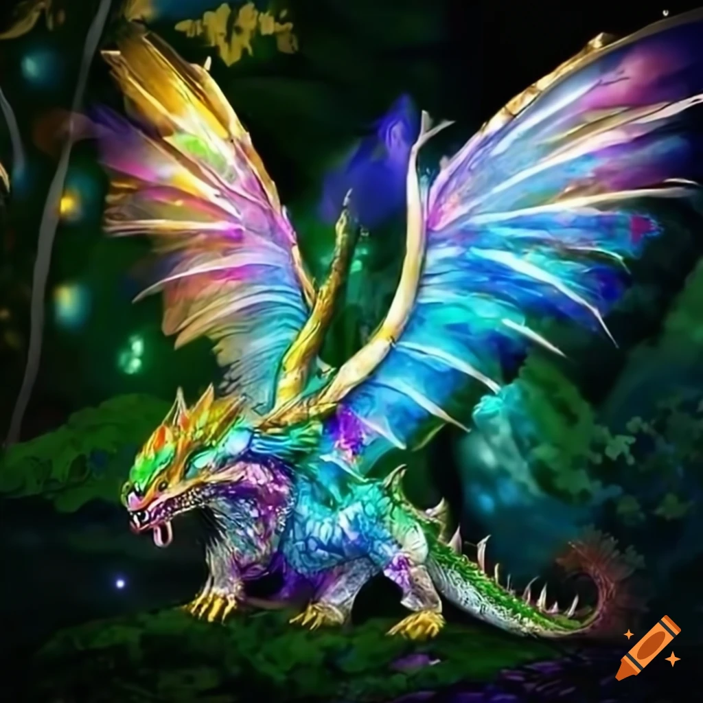 Mythical diamond dragon with crystal wings soaring over a forest on Craiyon
