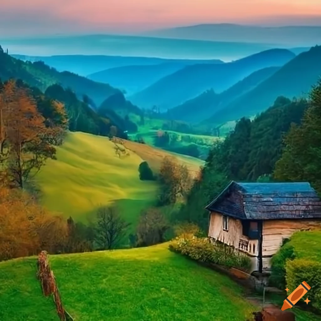 Picturesque village nestled among rolling hills with cozy cottages and villagers on Craiyon