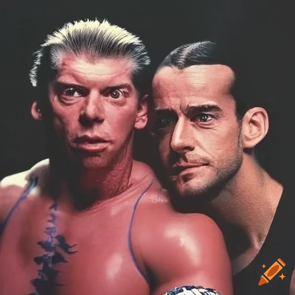 Vince mcmahon and cm punk in a 90s romance movie poster on Craiyon