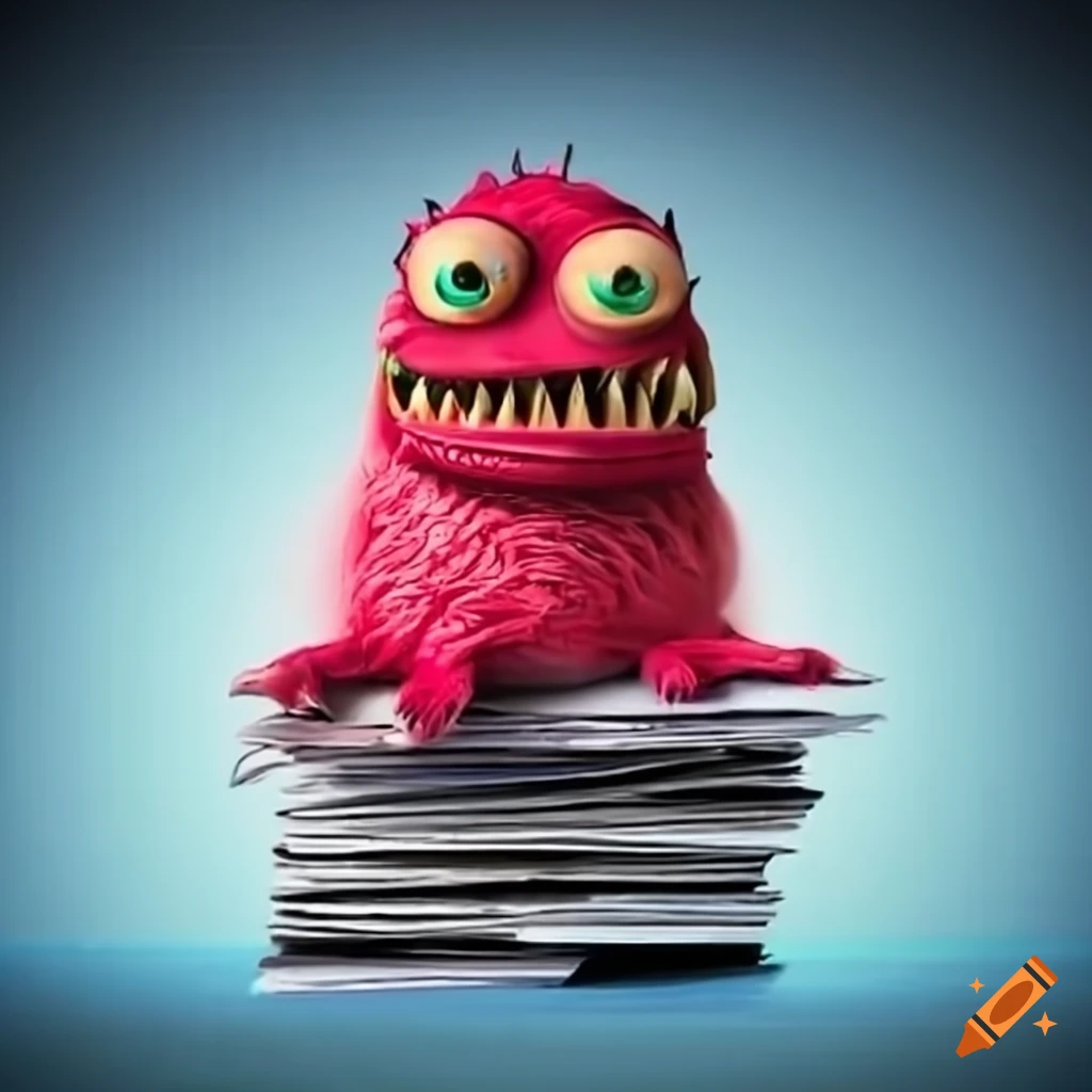 Monster in front of a stack of documents on Craiyon