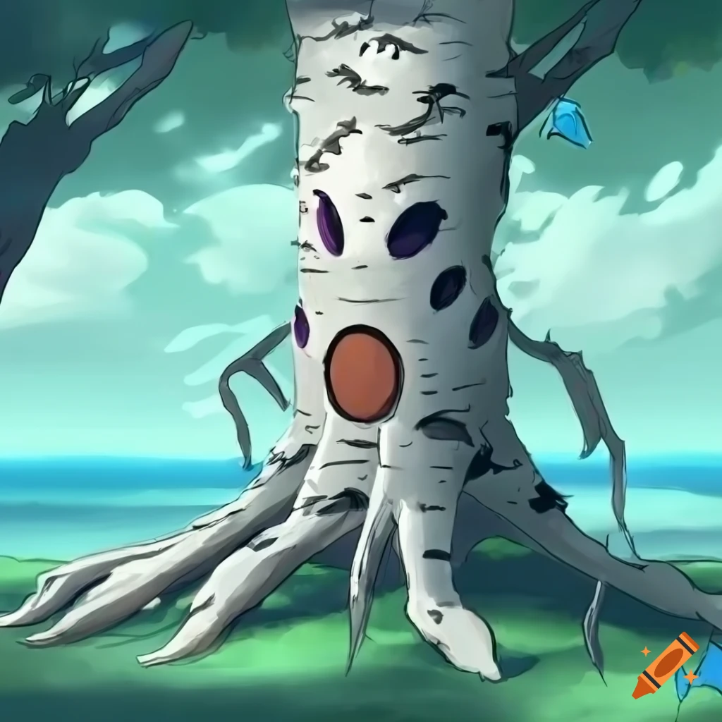 Tall pokemon concept design of a white birch tree-like creature on Craiyon