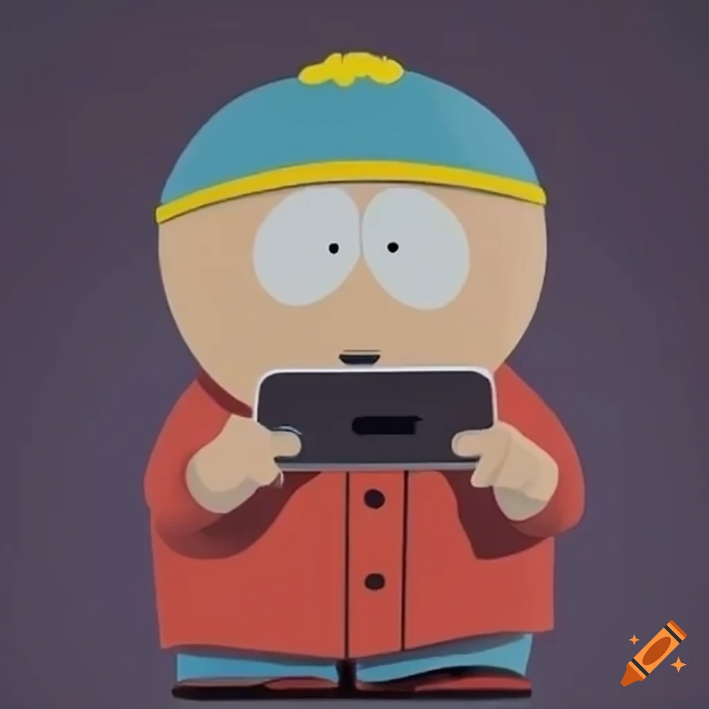 Cartman holding a smartphone on Craiyon