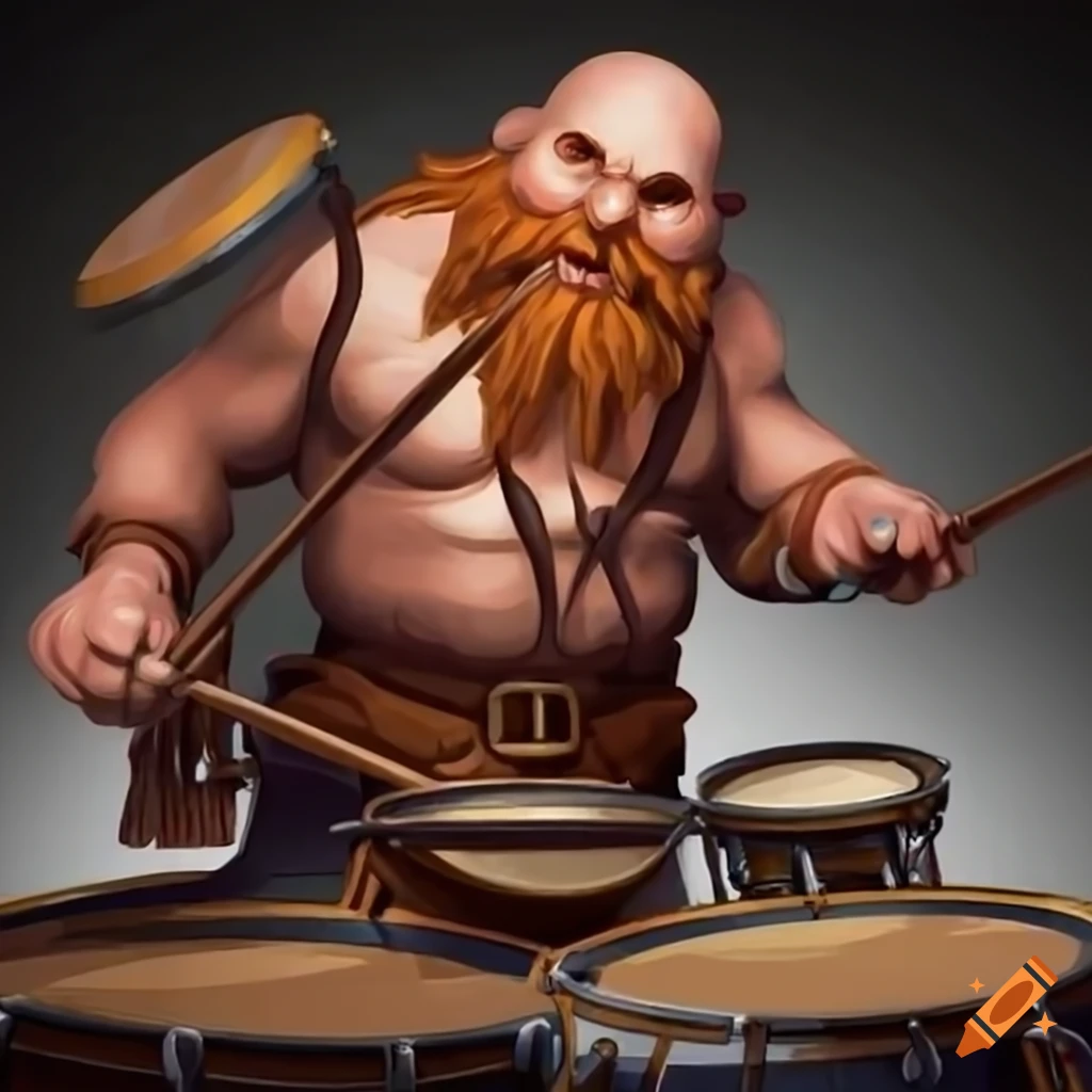 Dwarf playing a large drum set with a large beard on Craiyon