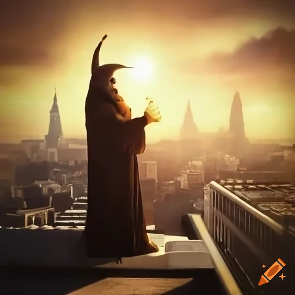 Surreal scene with a bodybuilder, sorcerer, and rapper on a rooftop at ...