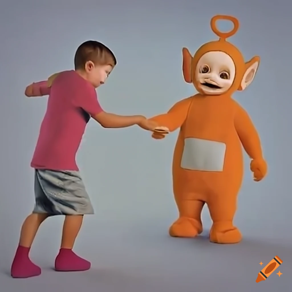 Large female teletubby playfully teasing a boy on Craiyon