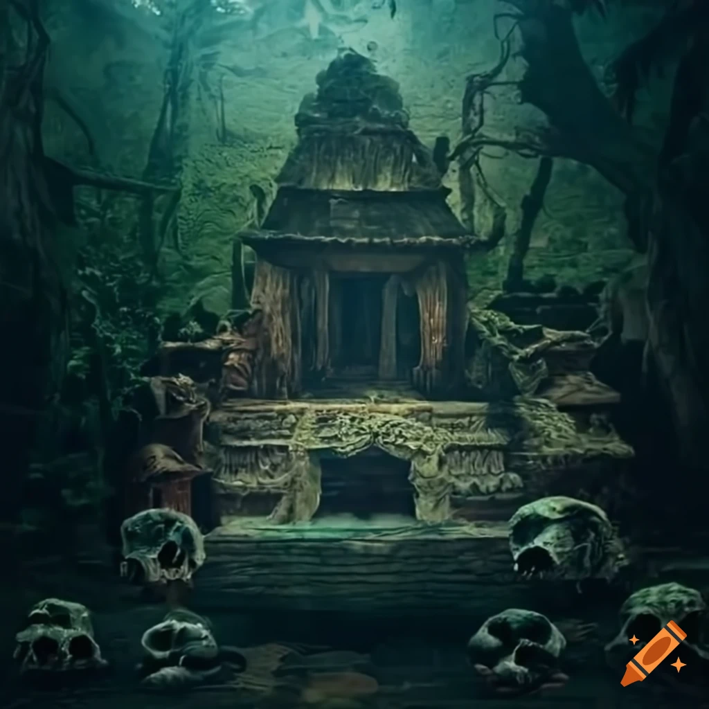 Intricately decorated ancient altar in a mysterious jungle village with ...