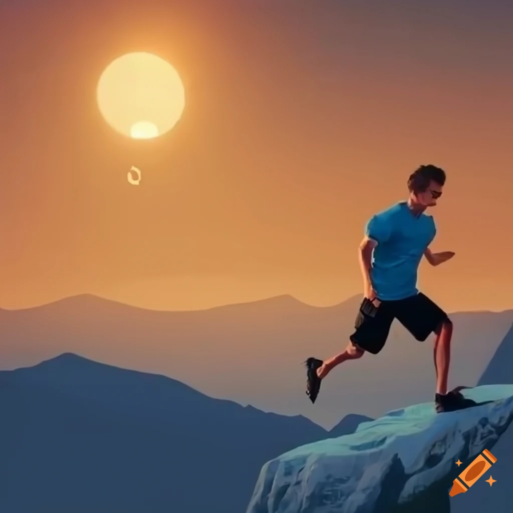 Man running in mountain landscape with sunset on Craiyon