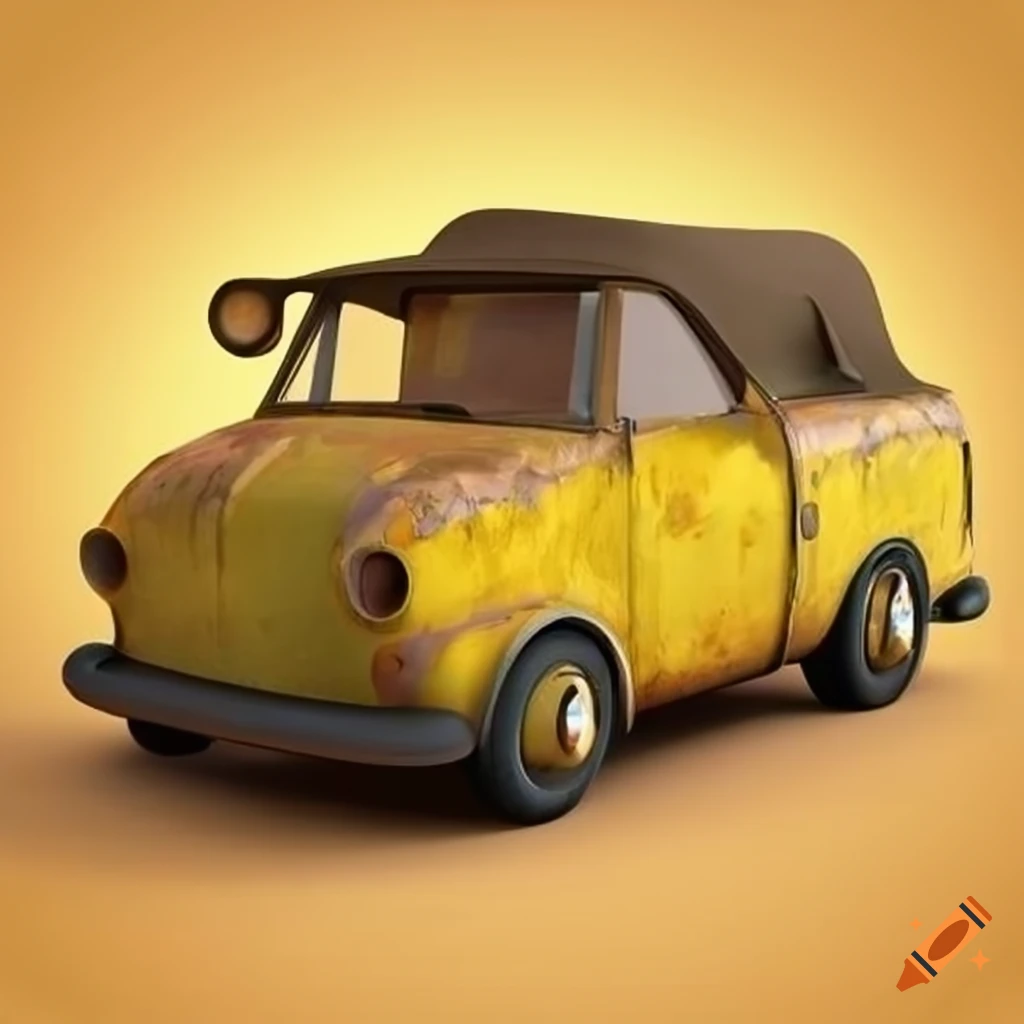 Detailed 3d cartoon convertible van in weathered muted yellow colors on ...