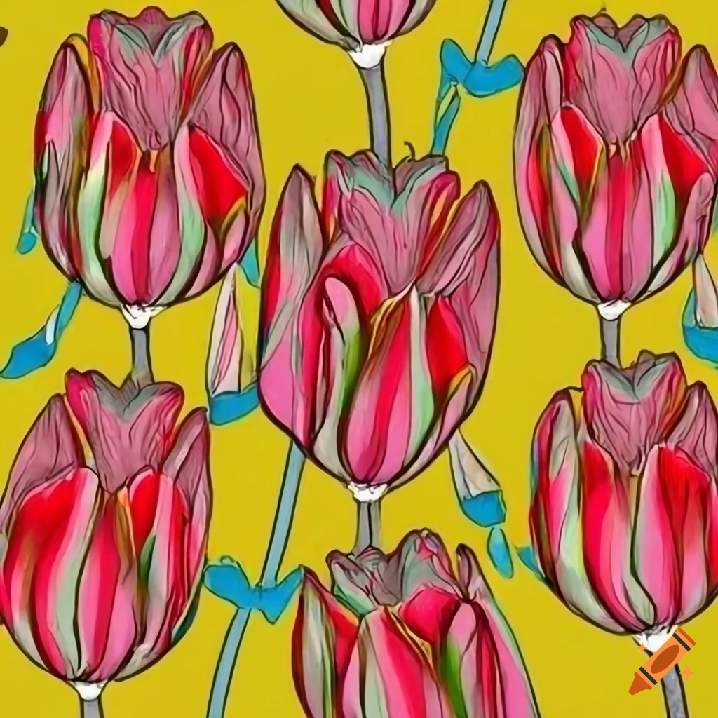 Reddish tulip on a bright yellow background in a spring-like pattern on ...