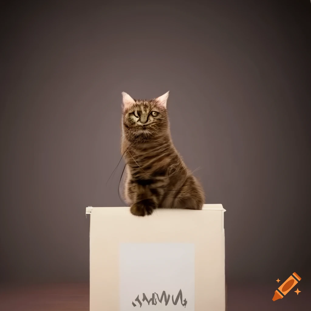 Domestic cat sitting on a ballot box with paw raised playfully on Craiyon