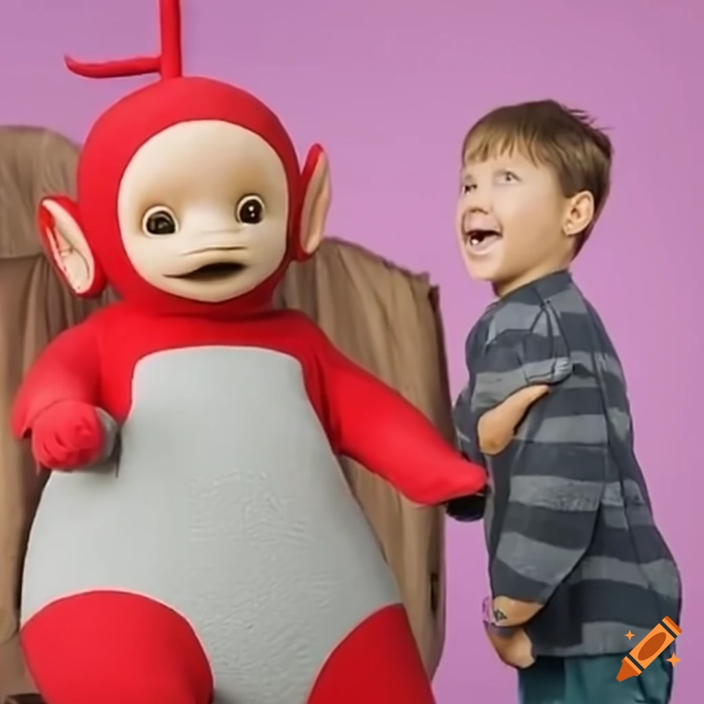 Female teletubby playfully offering to carry a boy on Craiyon