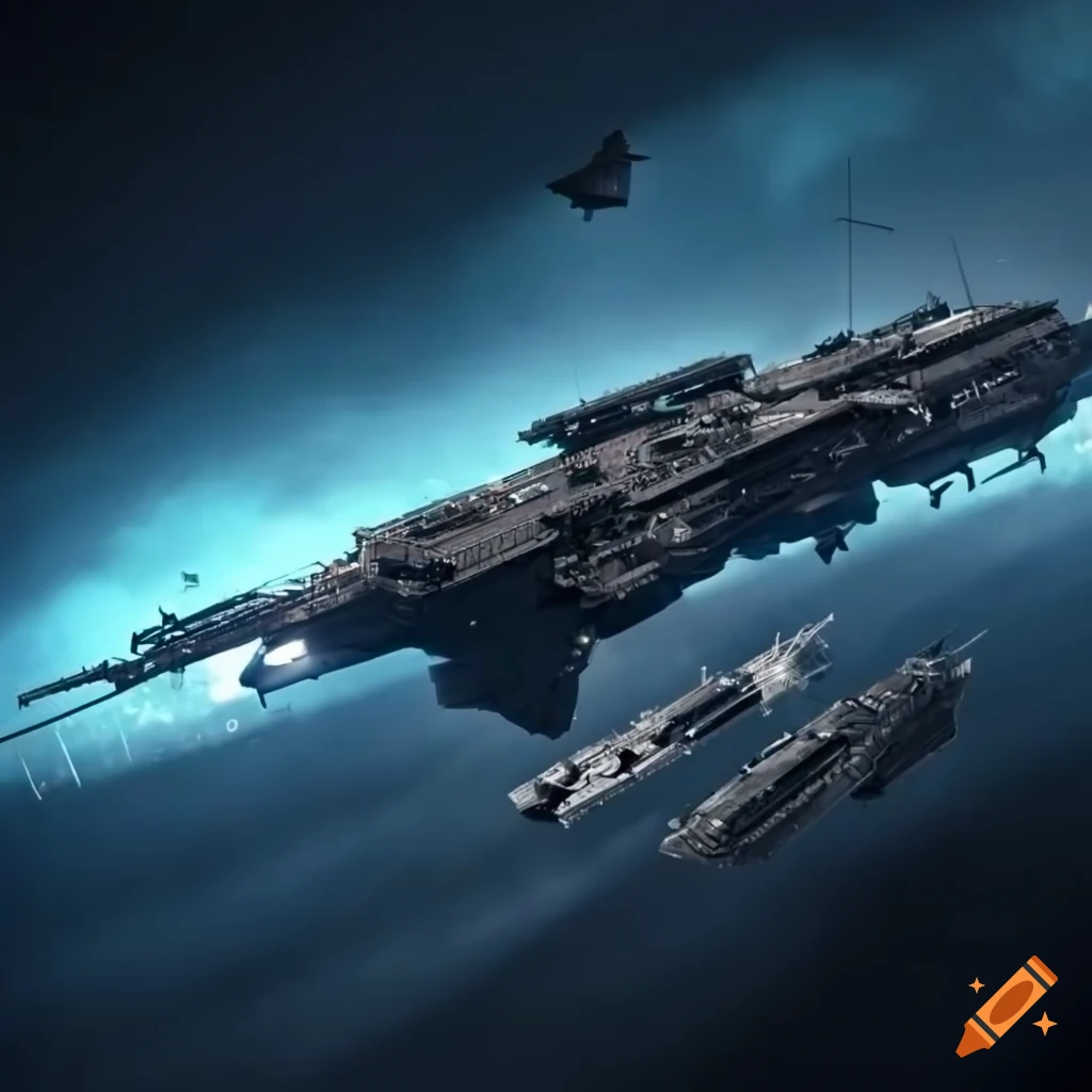 Leviathan Class HMS Dread Sovereign Space Ship with Railguns and hangar bays on Craiyon