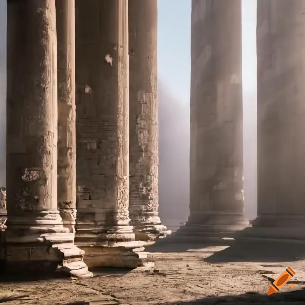 Sunlight streaming through ancient roman ruins with volumetric fog on ...