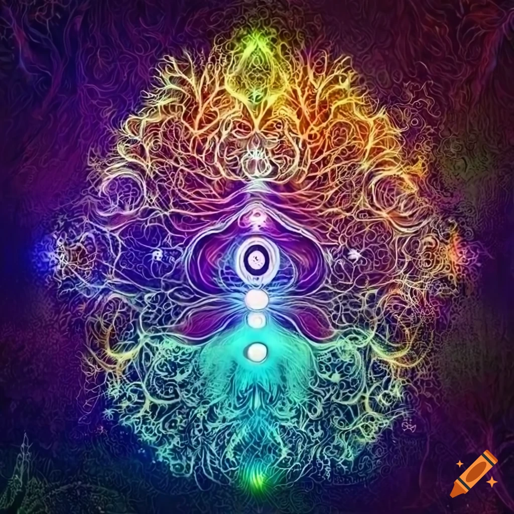 Intricate illustration of the tree of life intertwined with chakras on ...
