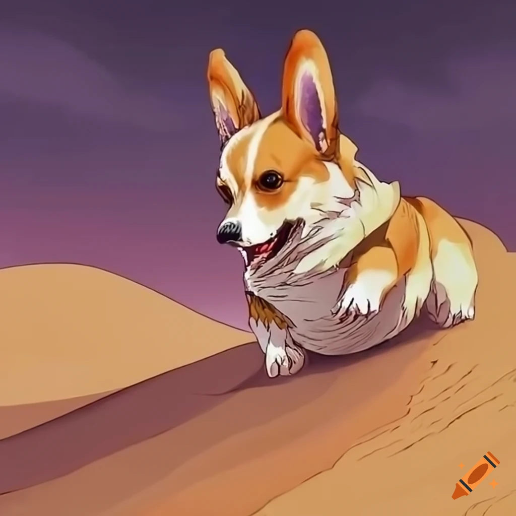 Enchanting mythical corgi dragon nesting among desert sand dunes at ...