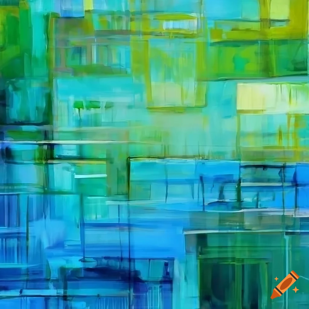 Abstract expressionism oil painting with window element in landscaping ...