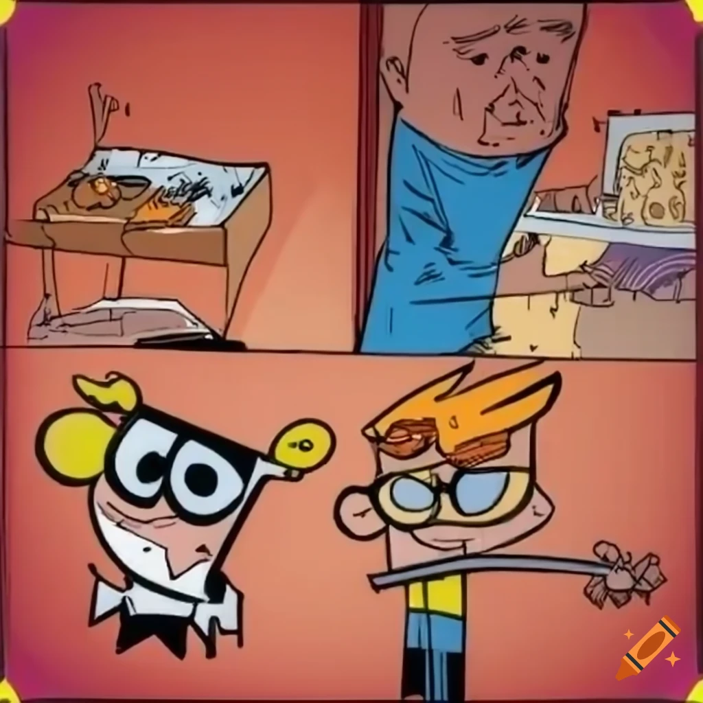 Comic strip with 4 panels depicting a story featuring Dexter on Craiyon