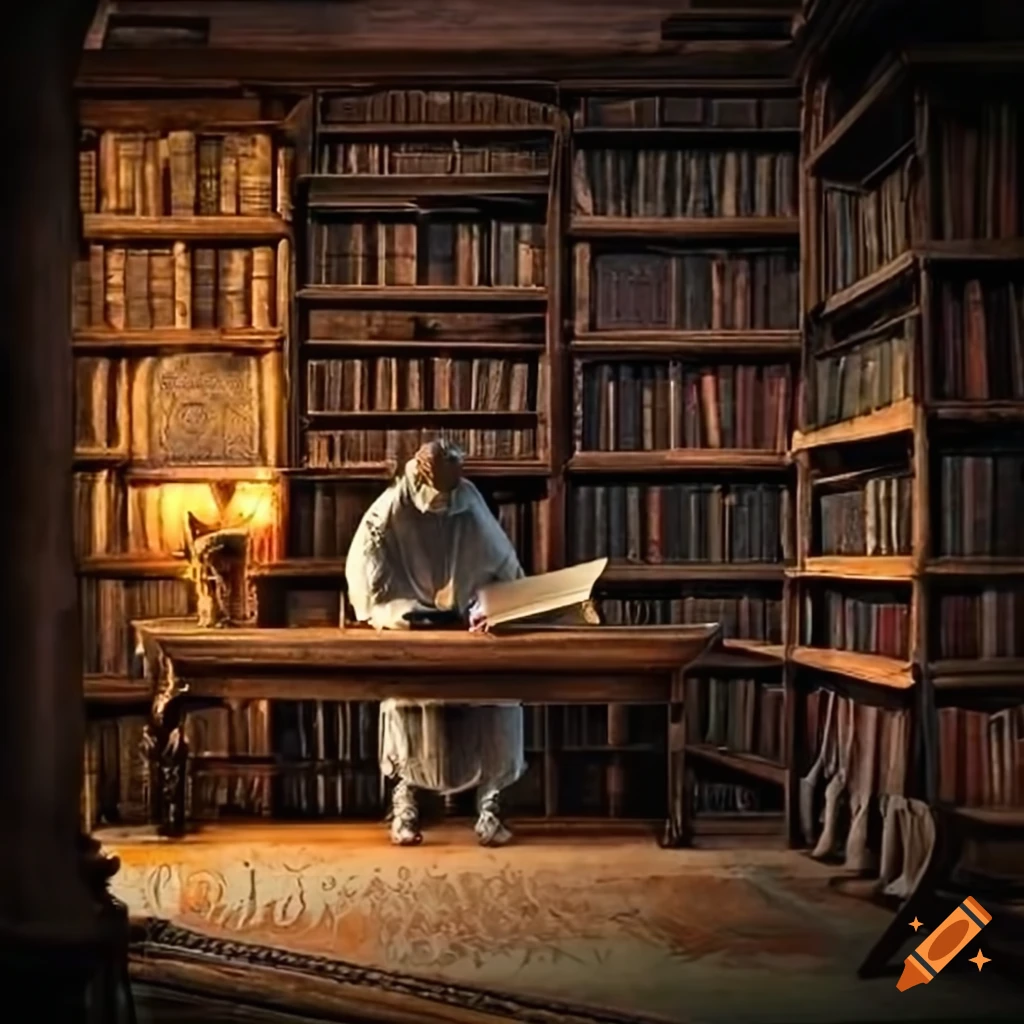 Dark and dusty medieval monastery library with old oak bookshelves and ...