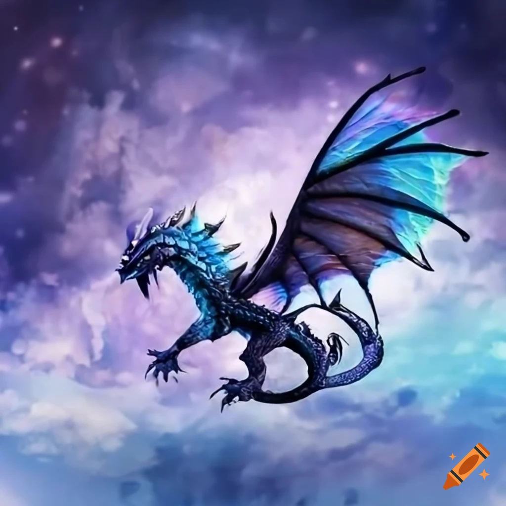Mythical diamond dragon with black crystal wings flying in the sky on ...