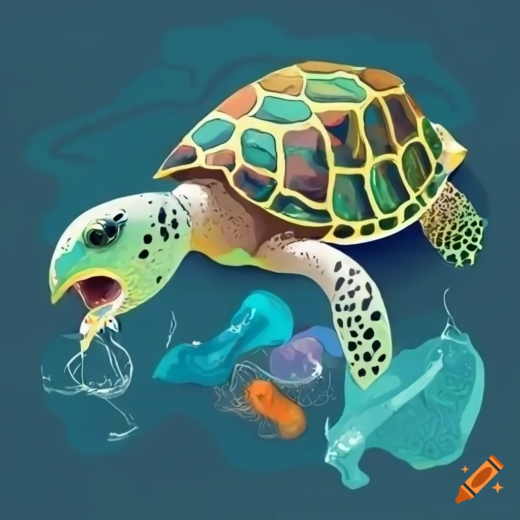 Turtle in ocean eating plastic and suffocating in storybook artstyle on ...