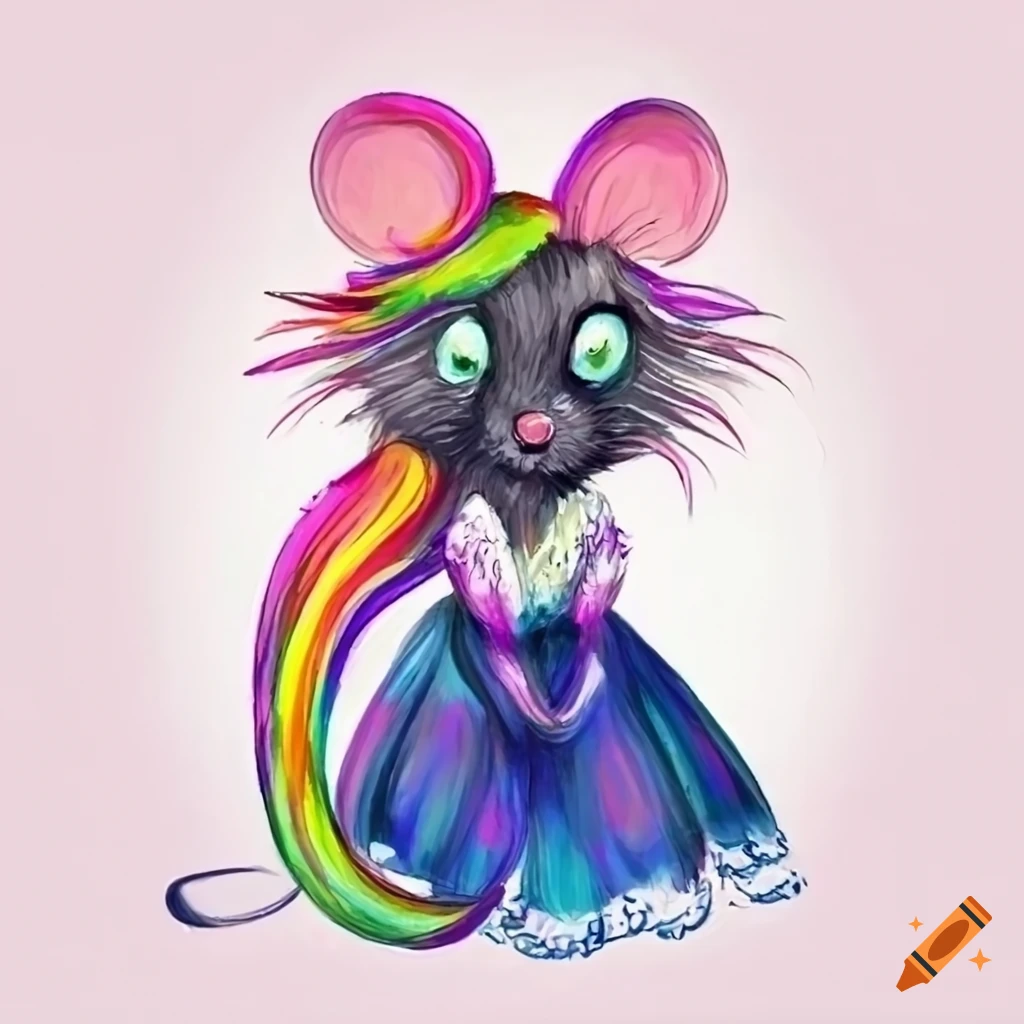 Cute anthro black mouse with rainbow hair in a lily flower dress in oil ...
