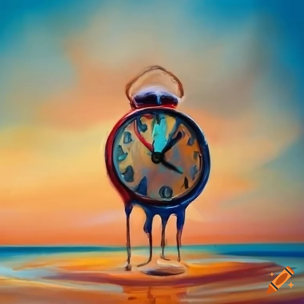 Clock dripping into sand on the beach in an oil painting on Craiyon