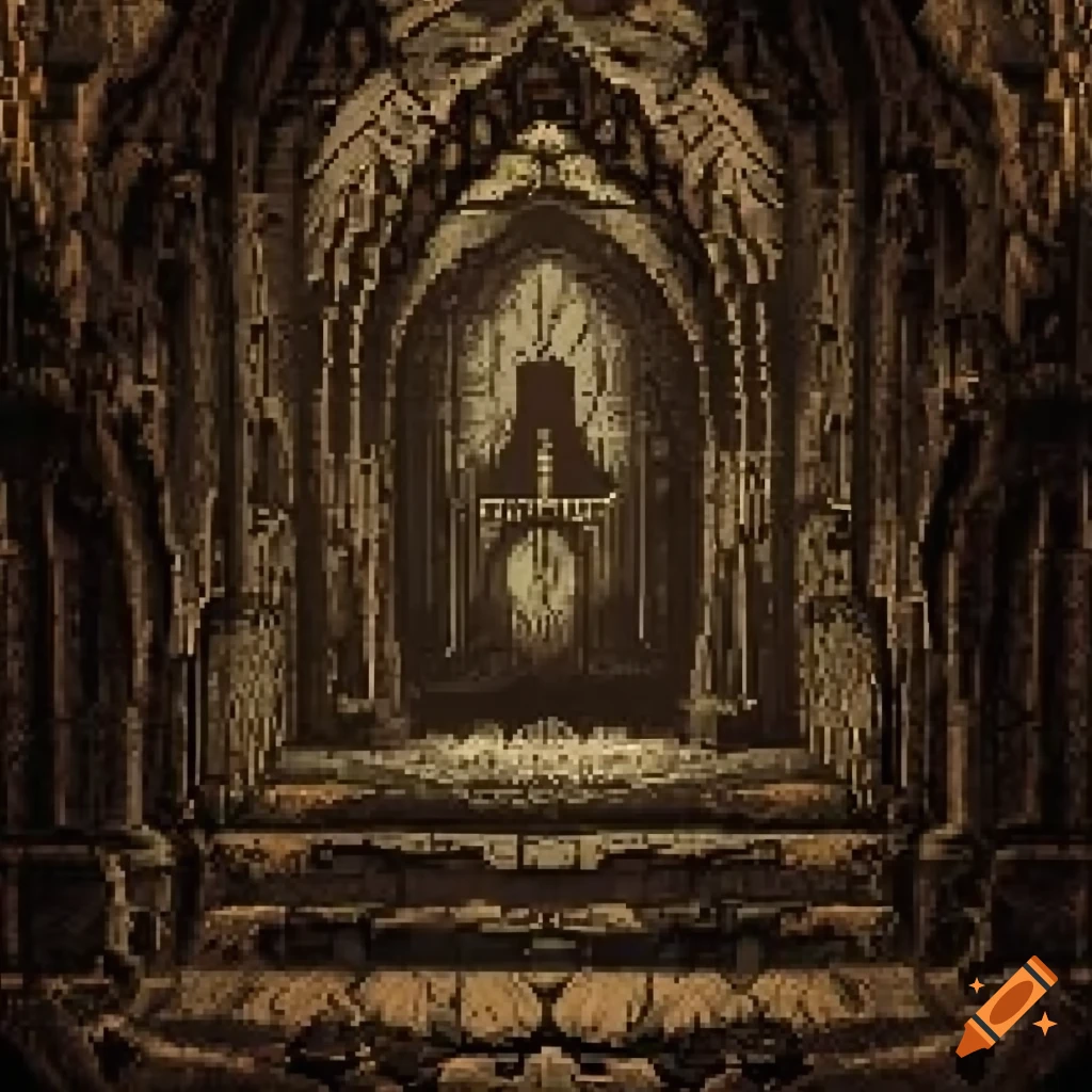 Dark fantasy pixel art of a detailed castle interior from the 70s on ...