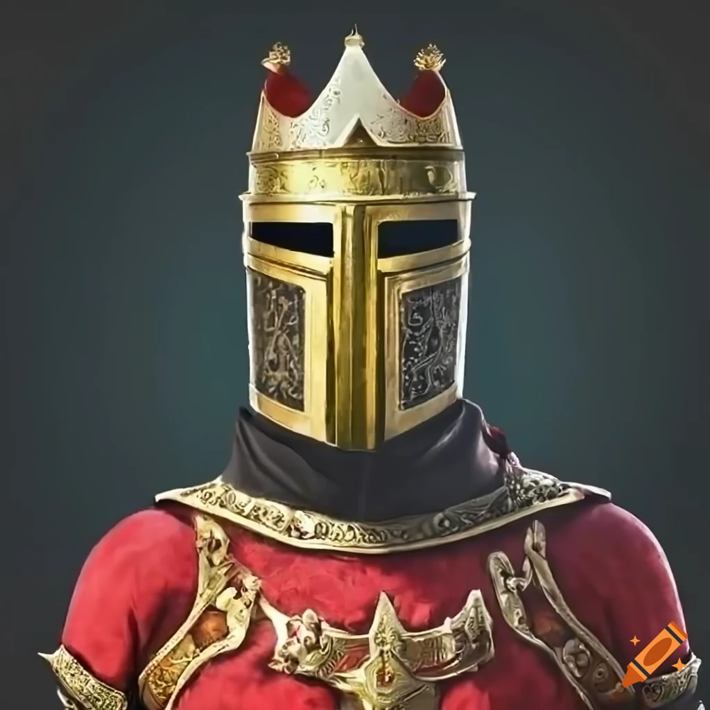 Medieval king in golden and red tabard with a crusader helmet from Kingdoms of Amalur: Reckoning ...