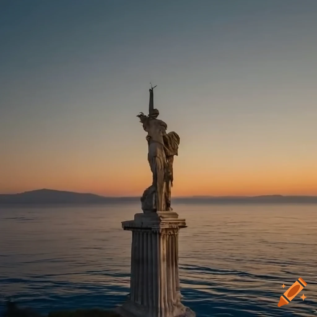 Sunset in athens with greek flag and ancient statues on Craiyon