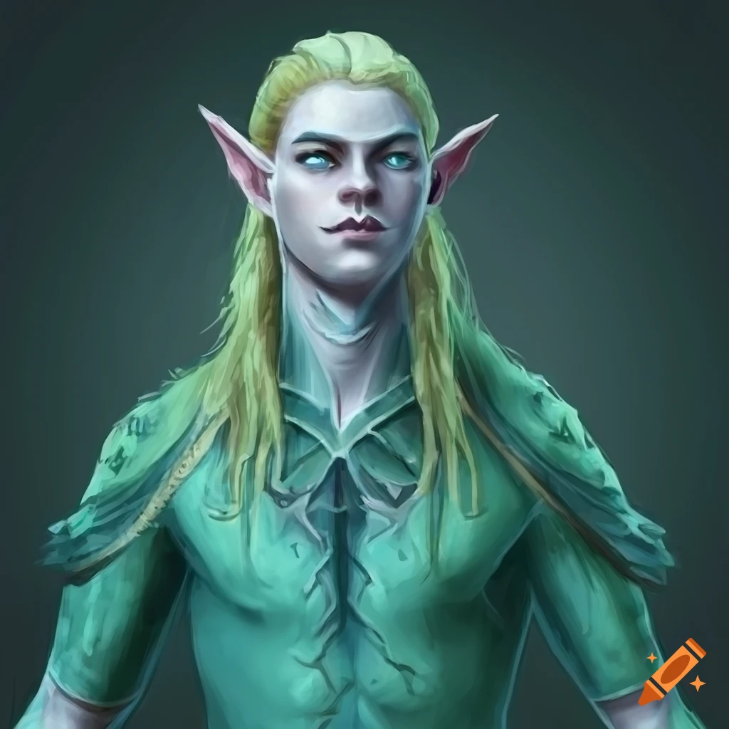 Detailed portrait of a male elf in green garb with pale blue skin and ...