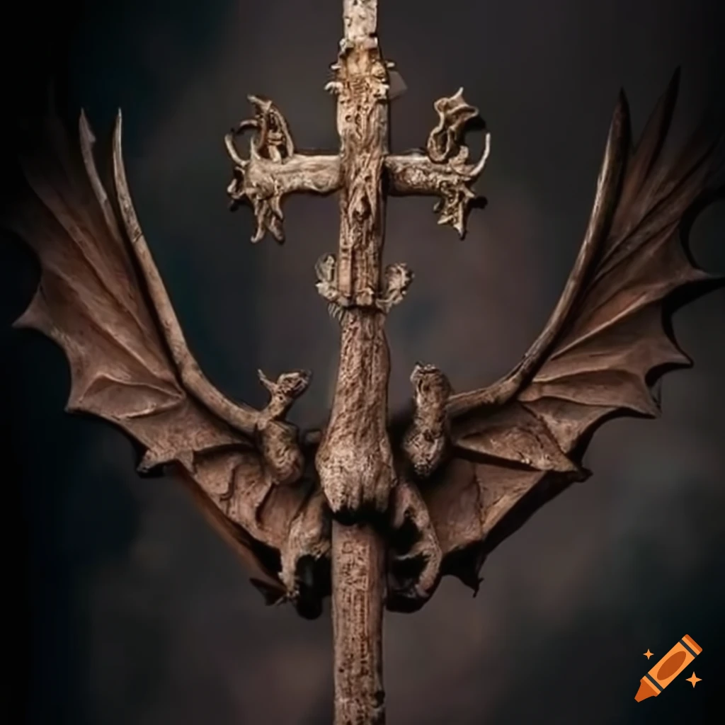 Dragon with wings extended on a medieval Catholic cross on Craiyon