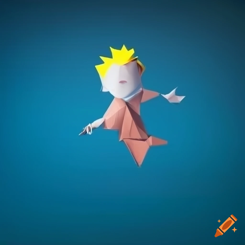 Origami high poly Calvin boy jumping in a safe manner on a blue ...