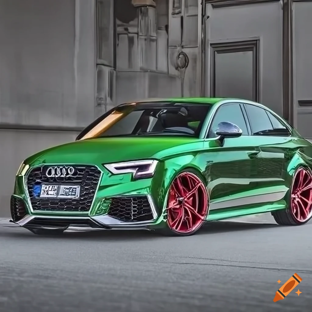 Audi RS3 with dark red wheels on chrome green finish on Craiyon