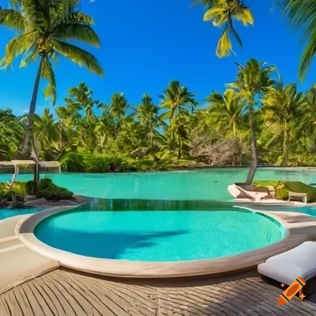 Luxury lodge on a lagoon shaped pool with deck chairs and palms on Craiyon