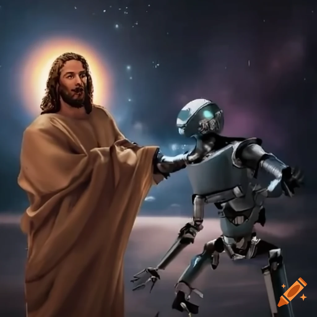 Jesus in battle with a space robot on Craiyon