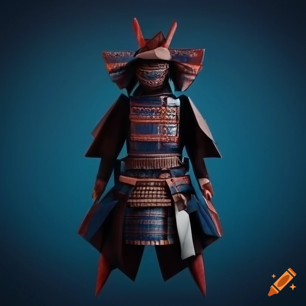 Origami samurai with high poly design on blue wood background on Craiyon