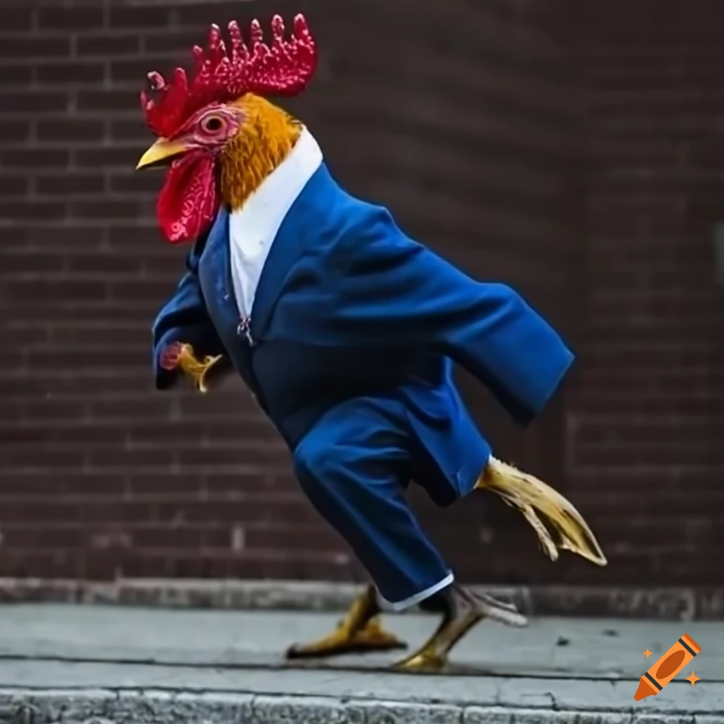 Rooster in a 3 piece suit strutting on a city street on Craiyon